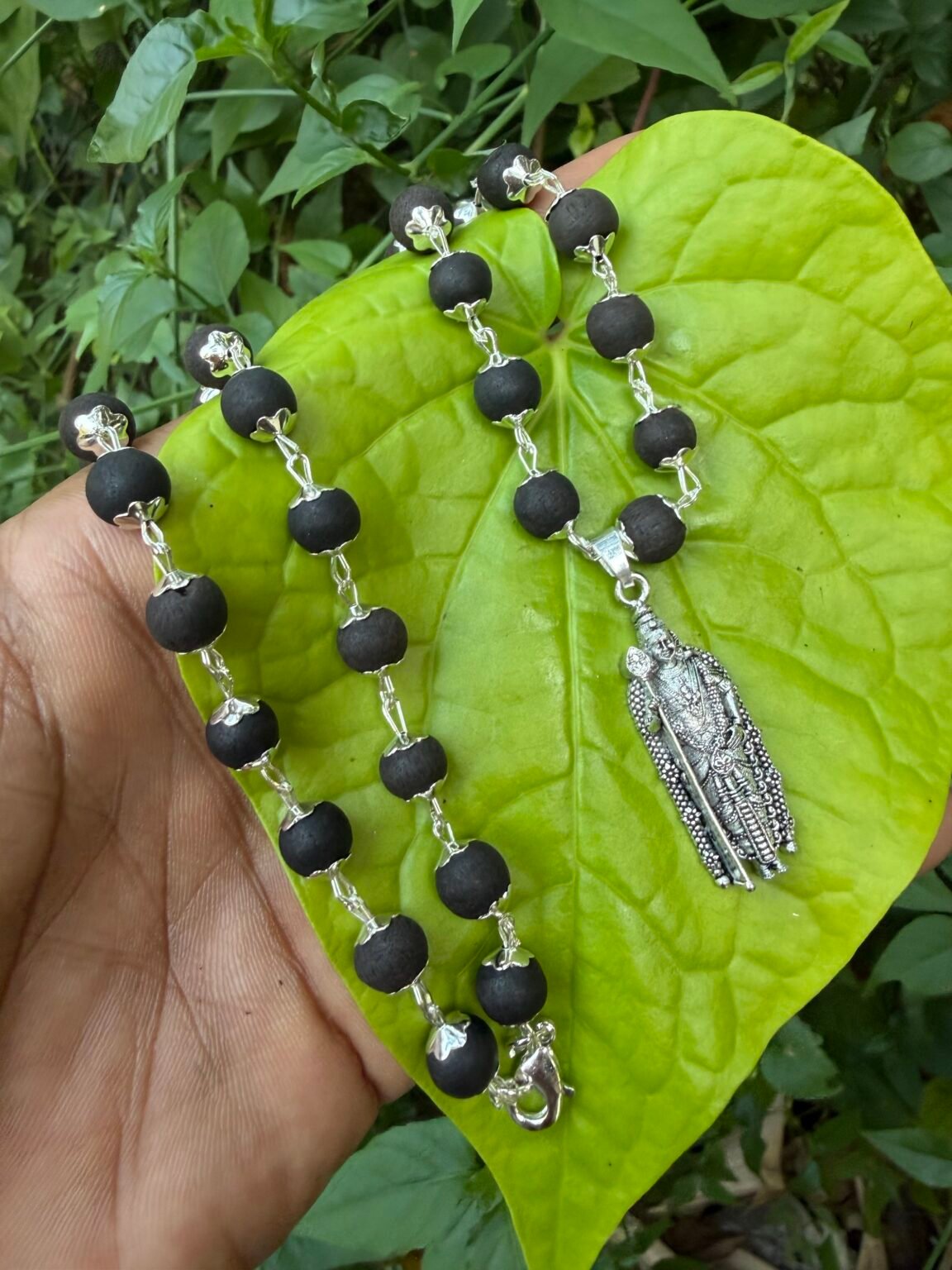 Karungali German silver mala with Murugan Dollar – TYPE C – aathilife
